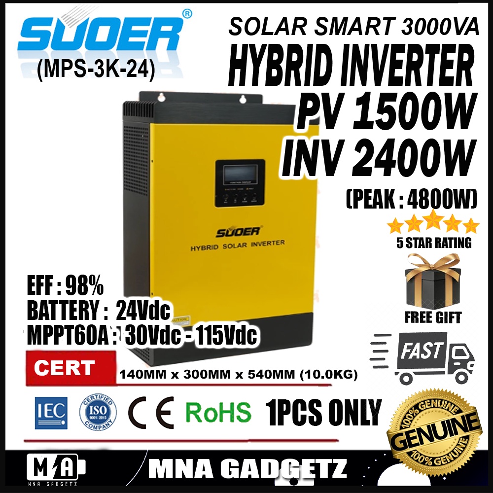 SUOER MPS 3K 24V High Frequency Dc Ac Inverter 24vdc to 230vac Pure Sine Wave Solar Hybrid ...