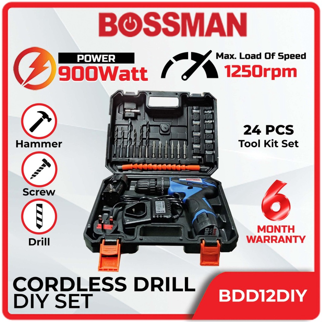 Bossman Bdd12 Diy 12v Cordless Impact Drill Hammer Tools Kit Diy Set