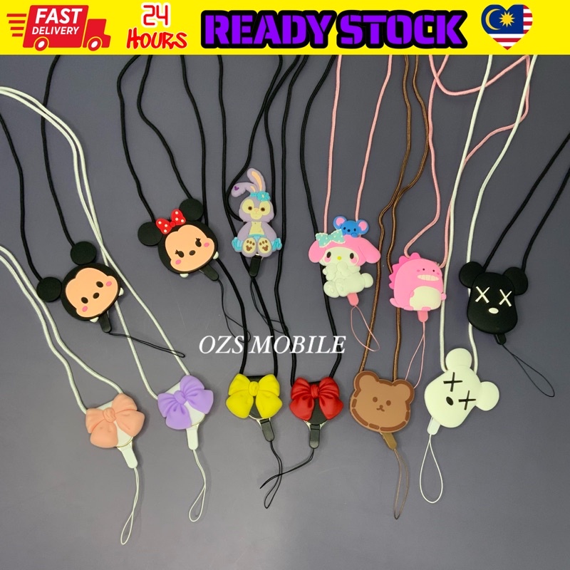 2 in 1 cartoon lanyard tali leher hang phone badge key kaws mickey ...