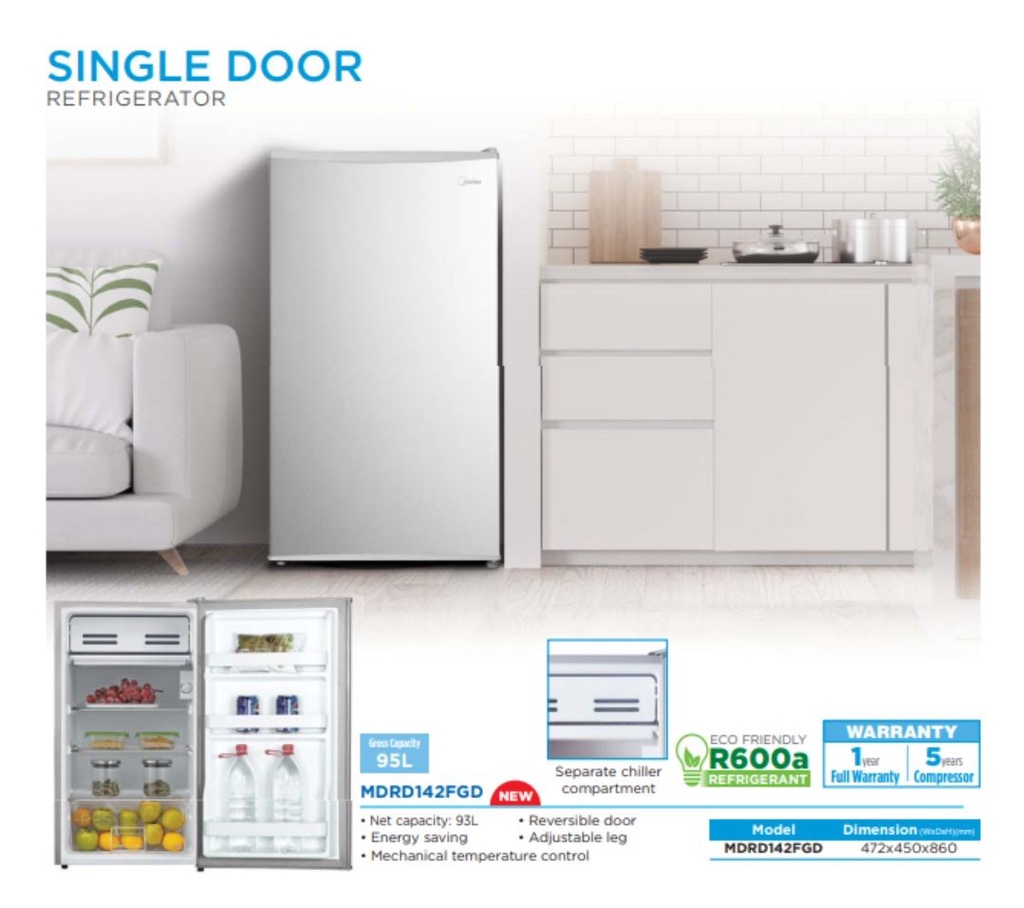 Midea 1-Door Refrigerator (95L) MDRD142FGD / (110L) MDRD143FGD48 ...