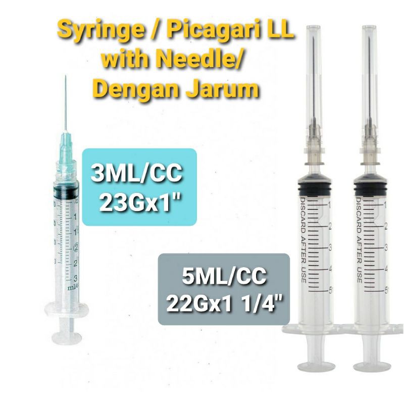 Picagari dengan Jarum Syringe with Needle / Ink Refil / 5ML 3ML/CC 23G x 1" / 22G x 1 1/4 ...