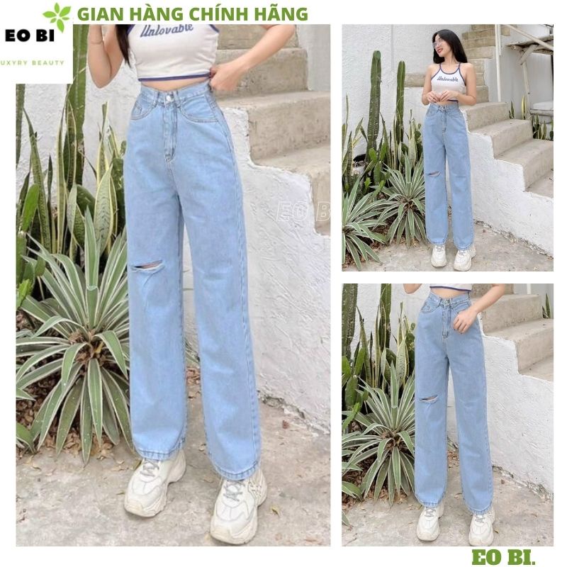 Ulzzang Korean style high-waisted loose wide-leg jeans with one knee ...