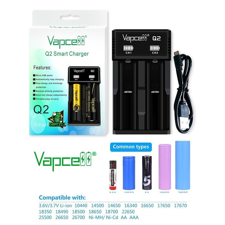 Vapcell Q2 2 Slot Smart Battery Charger Xtar Nitecore 10440 / 16340 ...