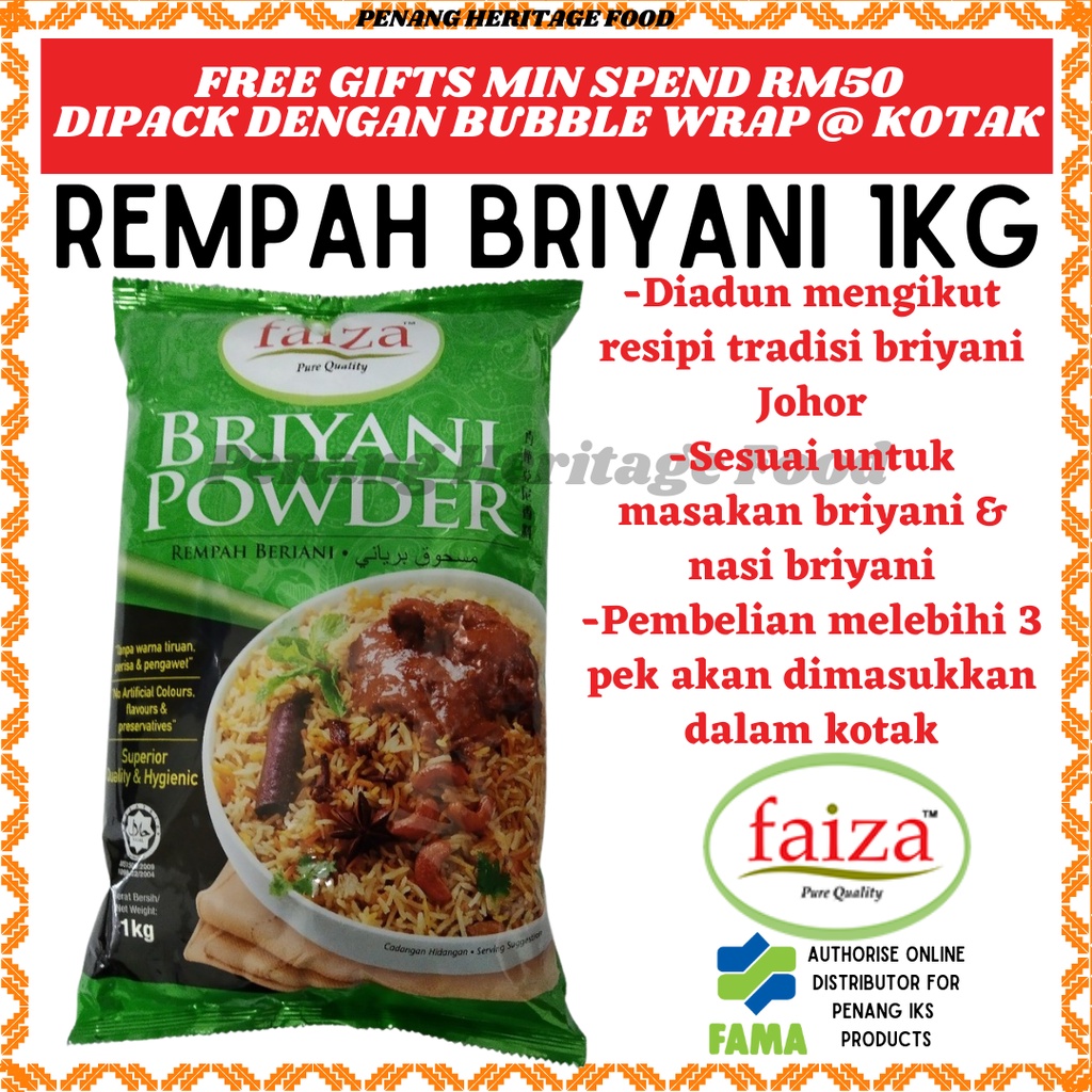 Rempah Briyani Faiza Pek Berniaga, Pek 1kg, Rempah Beriani, Rempah ...