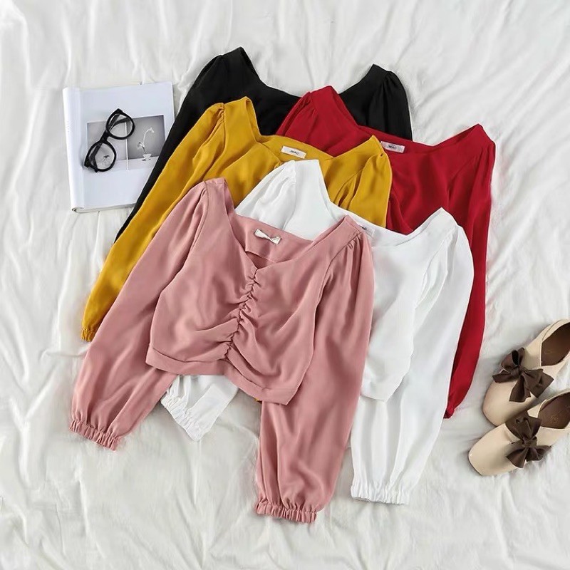 Plus Size V Neck Puff Sleeve Crop Tops (M-5XL)大码V领长袖短款上衣 | Shopee Malaysia