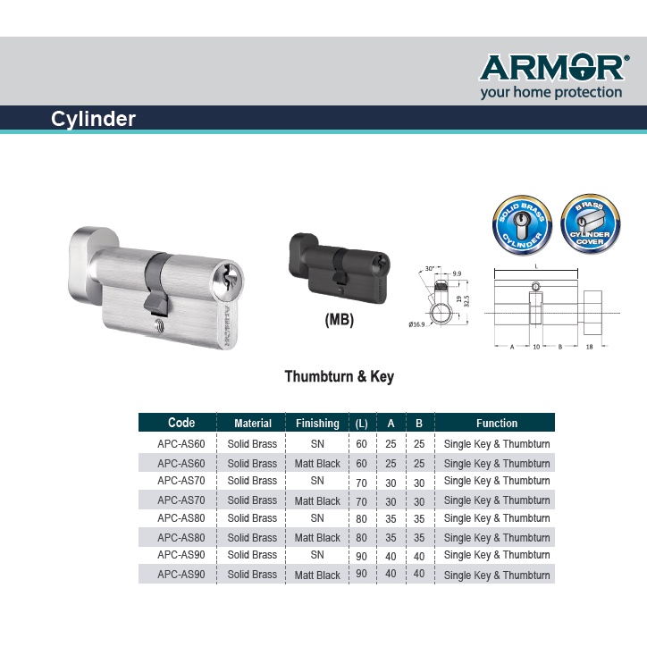 (60mm - 90mm) Armor APC-AS60/70 Solid Brass Key & Thumbturn Profile ...