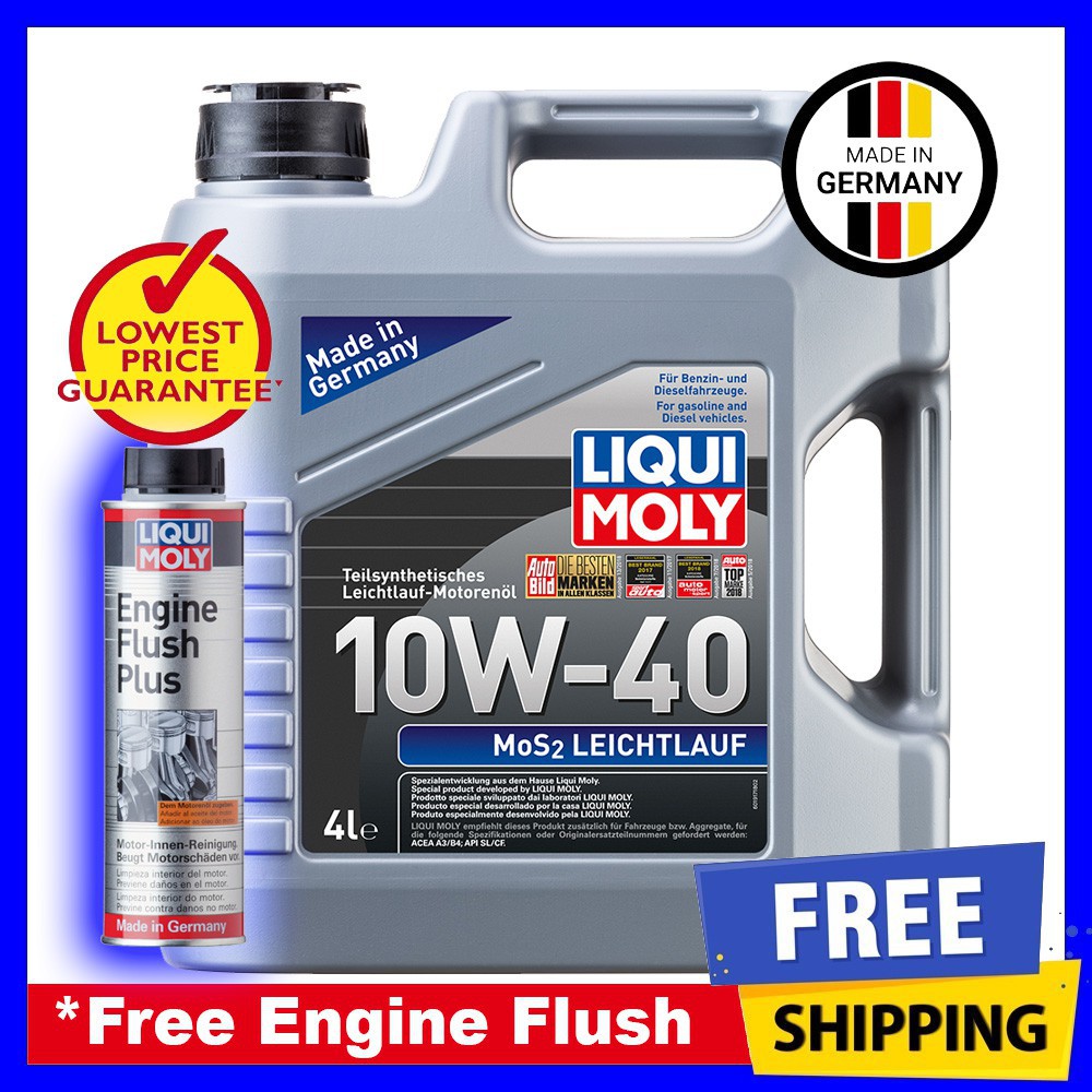Liqui Moly Semi Synthetic MoS2 Leichtlauf 10W-40 Engine Oil (10W40 4L)+Engine Flush Plus+Oil ...