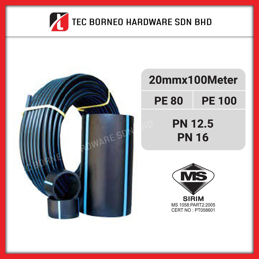 TEC [100 Meter] 1/2" Inch 20mm PN12.5 PN16 HDPE Poly PP Pipe Black PE80 / PE100 SIRIM PE 80 PE ...