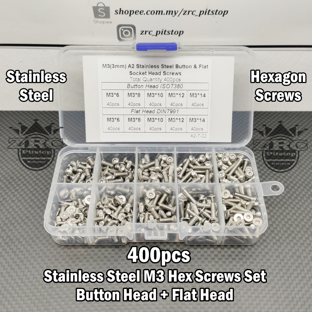 ZRC 400pcs M3 Hexagon Screw Stainless Steel Button Head and Flat Heat ...