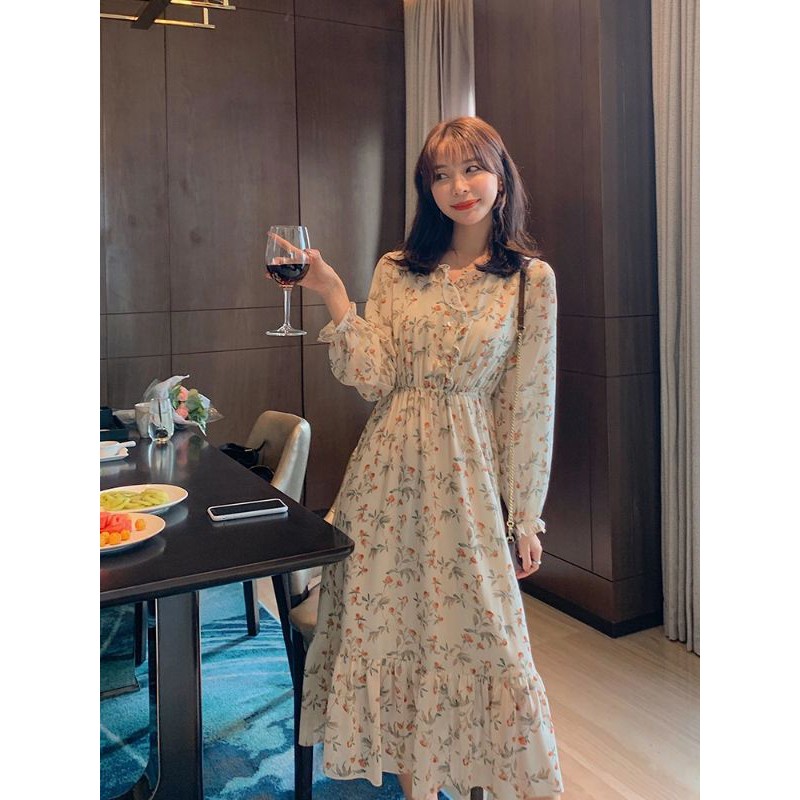 Korean style ladies floral V- neck long sleeve high waist maxi dress (M ...