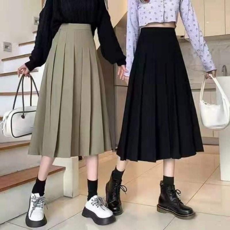 Super stylish high-waisted long pleated skirt | Shopee Malaysia