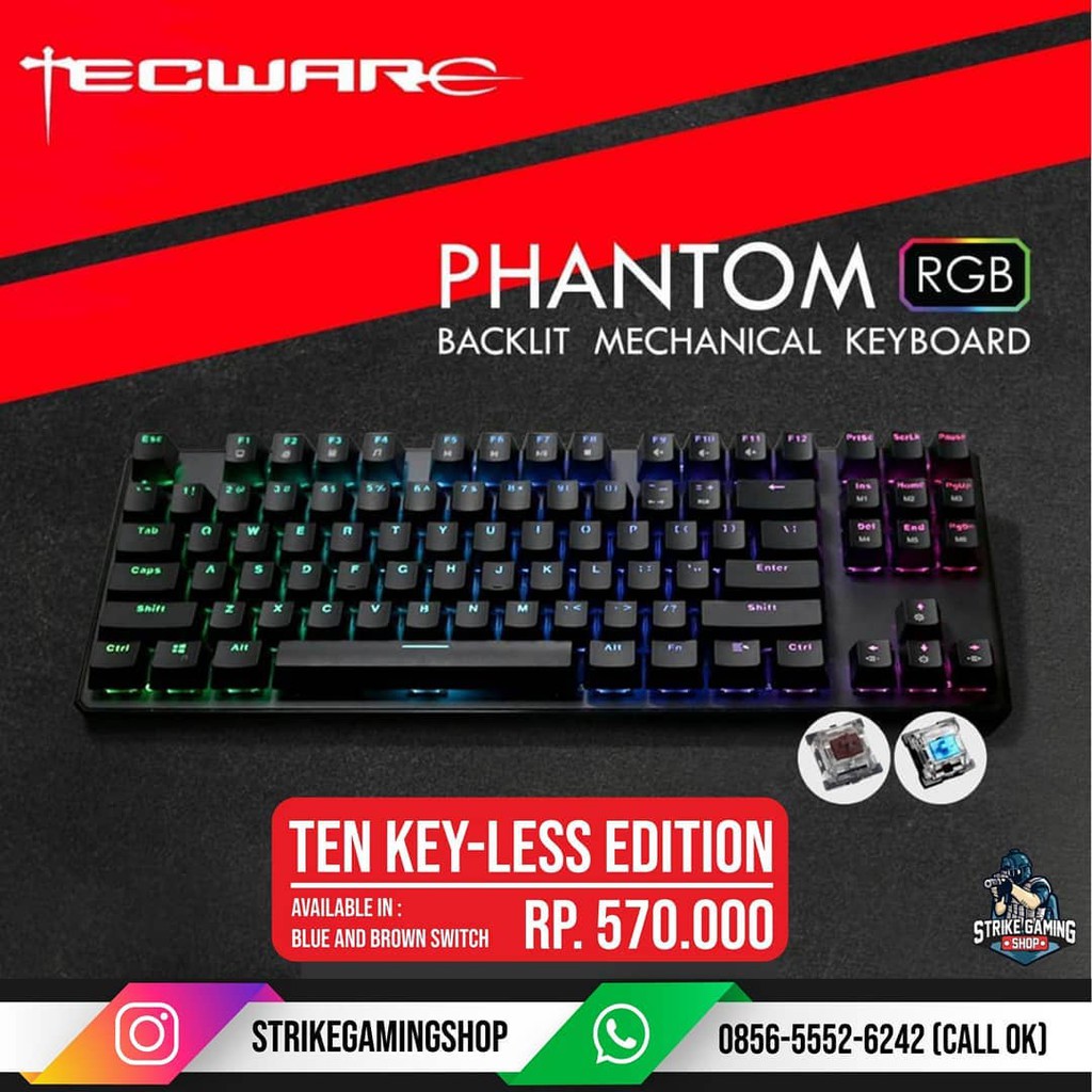 Tecware PHANTOM RGB BACKLIT MECHANICAL KEYBOARD TEN KEY-LESS EDITION ...