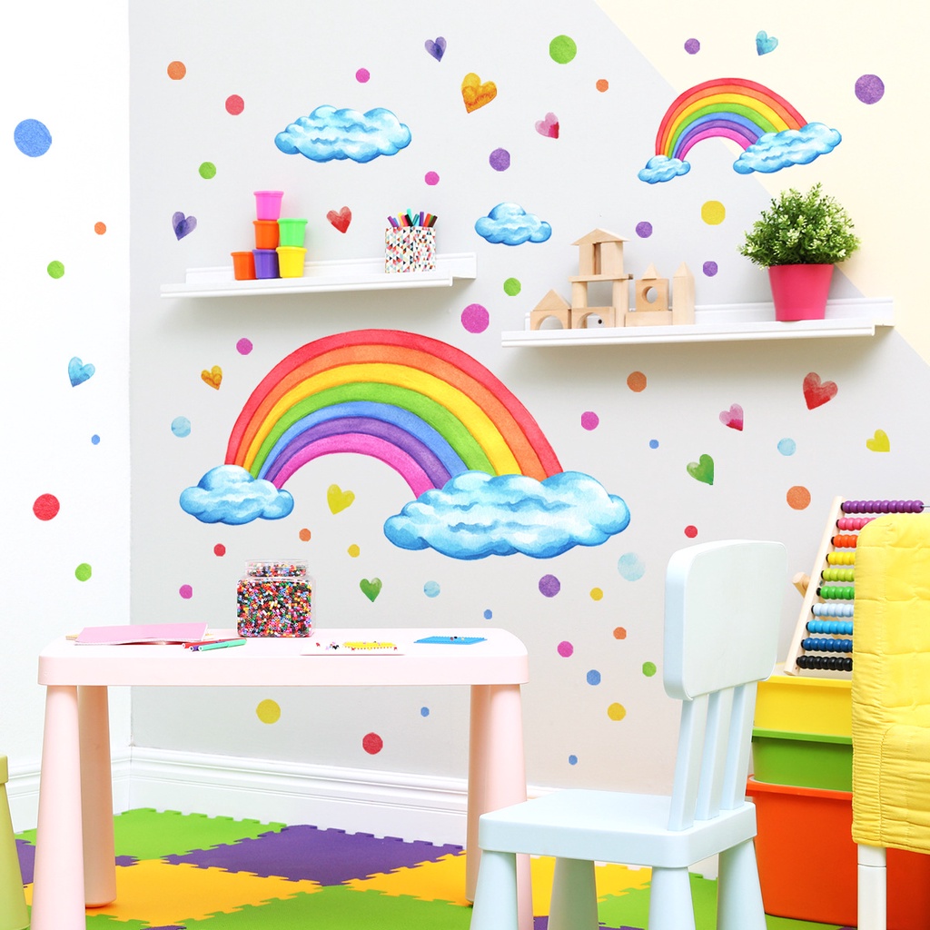 Rainbow Wall Decal, Colorful Rainbows Cloud Star Dots Removable Vinyl ...
