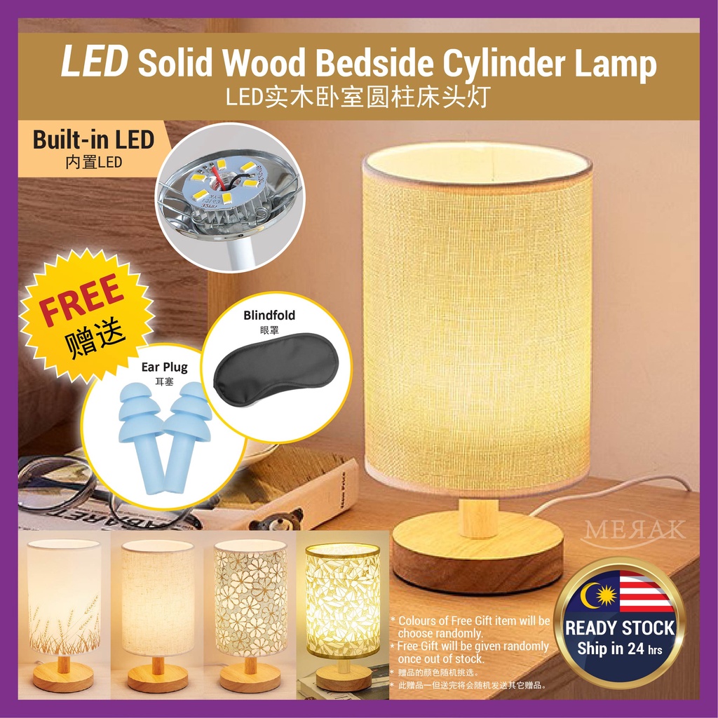 LED Solid Wood Bedside Cylinder Lamp Table Lamp Desk Lamp Lampu ...
