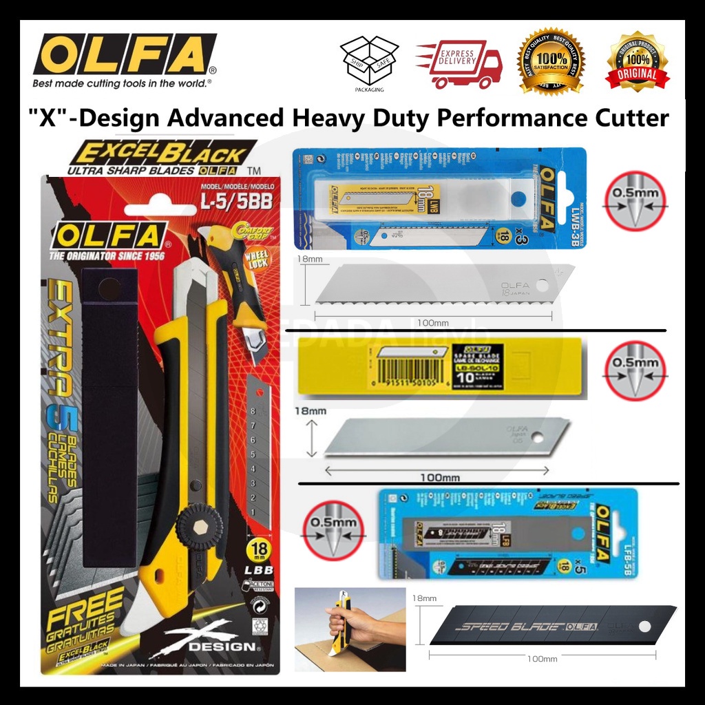 OLFA X design Advance Heavy Duty Performance Cutter 18mm L-5/5BB L-5 L-5/AL & Spare Blade LWB-3B ...