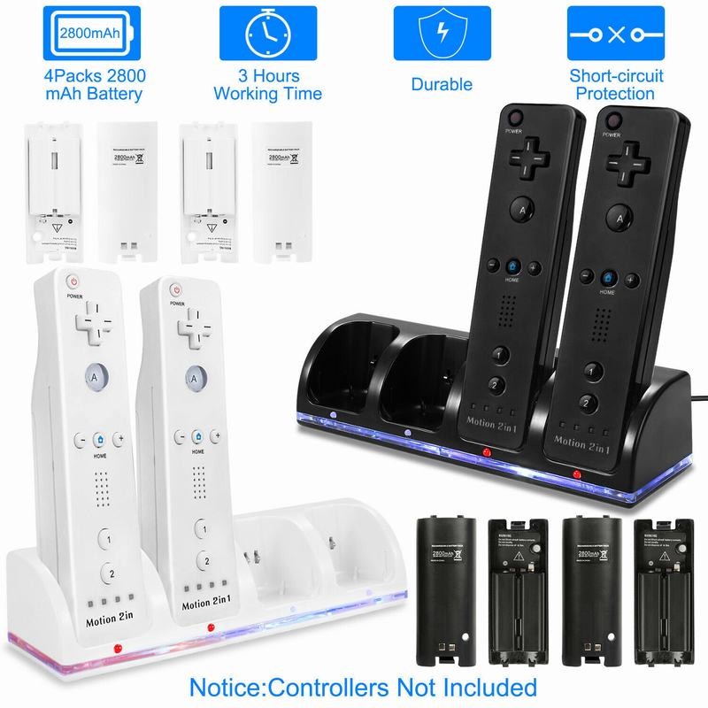 For Wii Remote Controller USB 4/2 Port +4/2 Batteries &LED Light ...