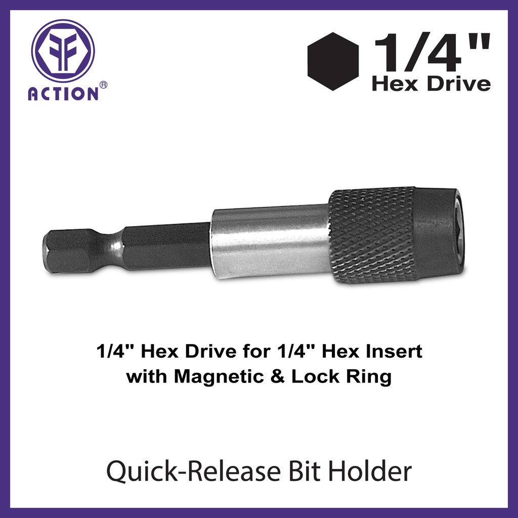 Action Quick-Release Bit Holder 1/4" Hex Drive For 1/4" Hex Insert with Magnetic & Lock Ring ...