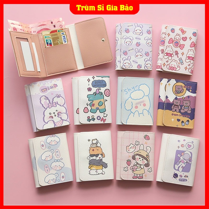 Cute folding women's wallet, women's hand-held wallet with many cartoon ...