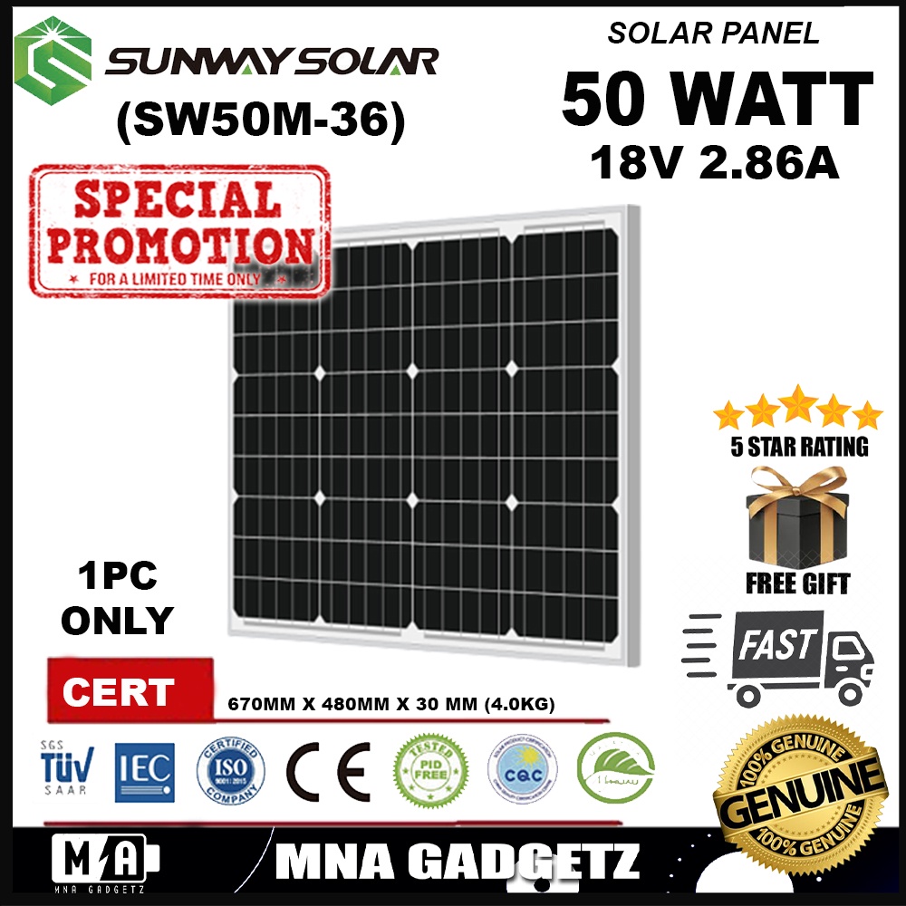 SUNWAY SOLAR 50W Watt 12V Monocrystalline Cells Solar Panel Module ...