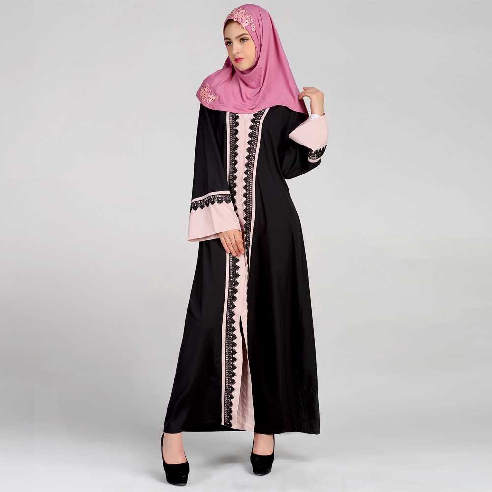 New Women Muslim Maxi Dress Contrast Color Lace Pitches Long Sleeve ...
