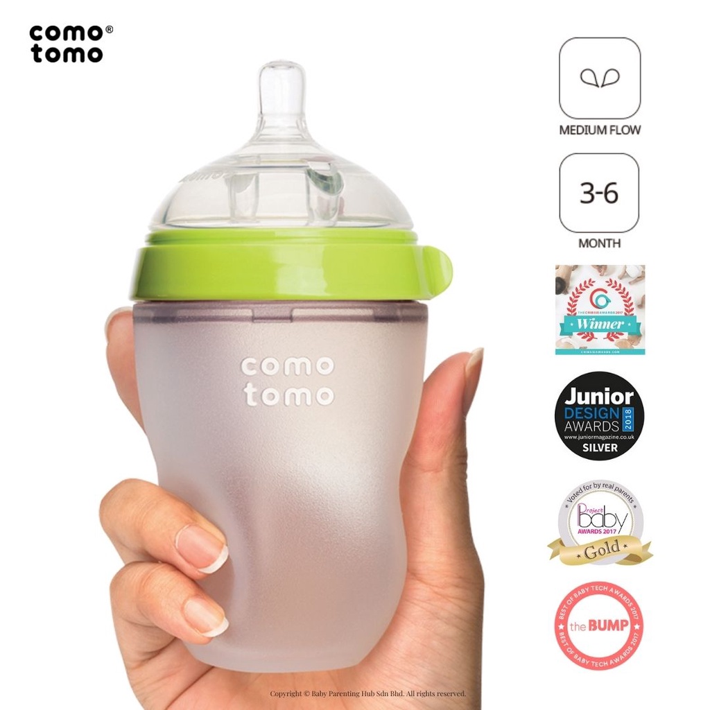 Comotomo Silicone Baby Bottle 250ml Medium Flow 3-6months Green ...