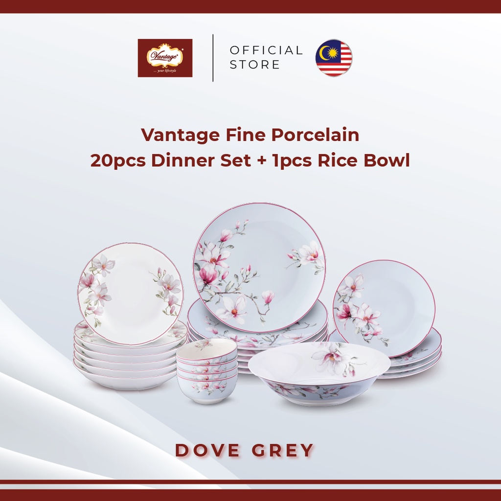 Vantage Dove Grey Magnolia Fine Porcelain Dinner Set(20pcs Tableware ...