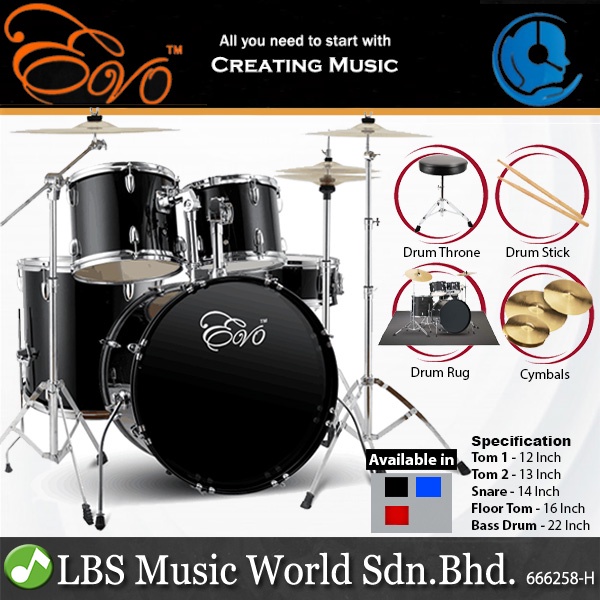 Evo 5 Piece Full Size Acoustic Drum Set with Cymbals Stands, Stool Kit, Rug and Drumsticks - Red ...