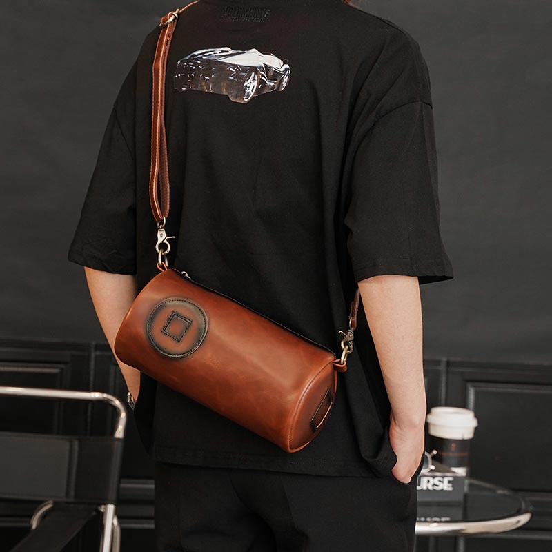 Fashion Cylinder Bag Men Leather Sling Bag Korean Stylish Shoulder Bag ...