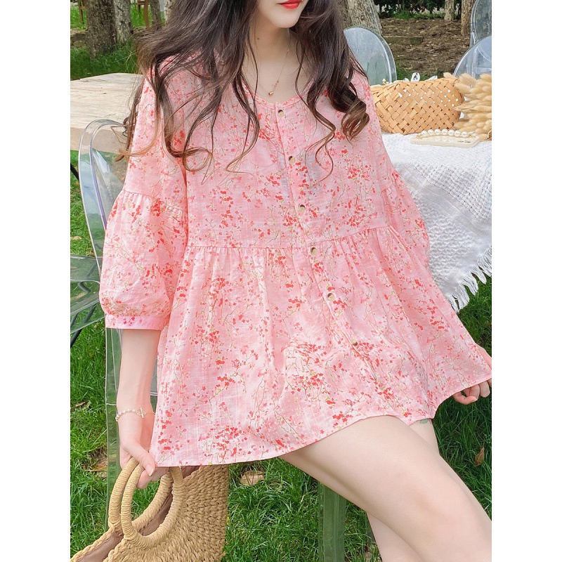 Korean Style Women Ladies Floral Loose Lantern Short Sleeve Shirt ...