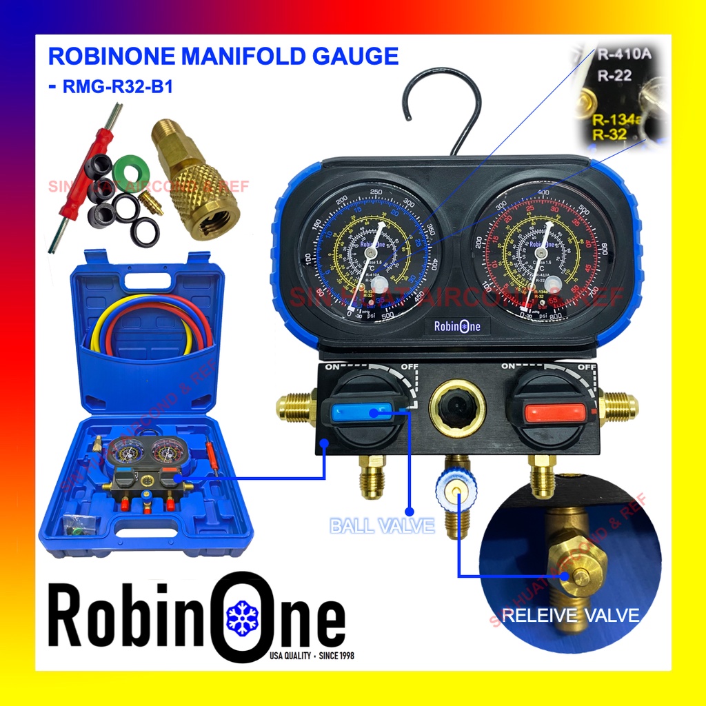 (ALL GAS) ROBINONE MANIFOLD GAUGE RMG-R32-B1 Gas Meter R410a R32 R22 R134a R407c R507 Air cond ...