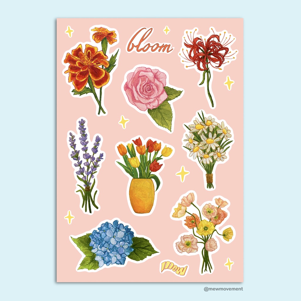 Bloom Sticker Sheet, Flower Sticker Sheet, Flower Stickers, Waterproof ...