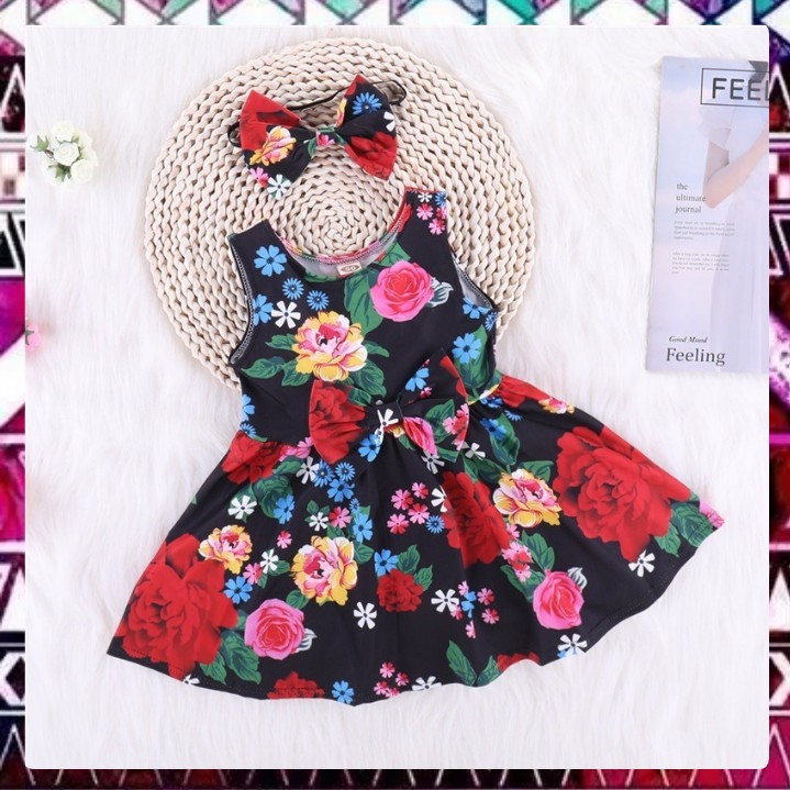 💖💗Kids Baby Girl Floral Print Sleeveless Party Dress +Bow Heandband💖💖 ...