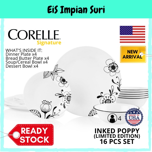(New) Corelle Signature Inked Poppy 16pcs Dinnerware Set (1137480 ...