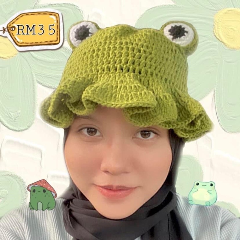Crocheted Frog Bucket Hat (Topi Katak Kait) | Shopee Malaysia