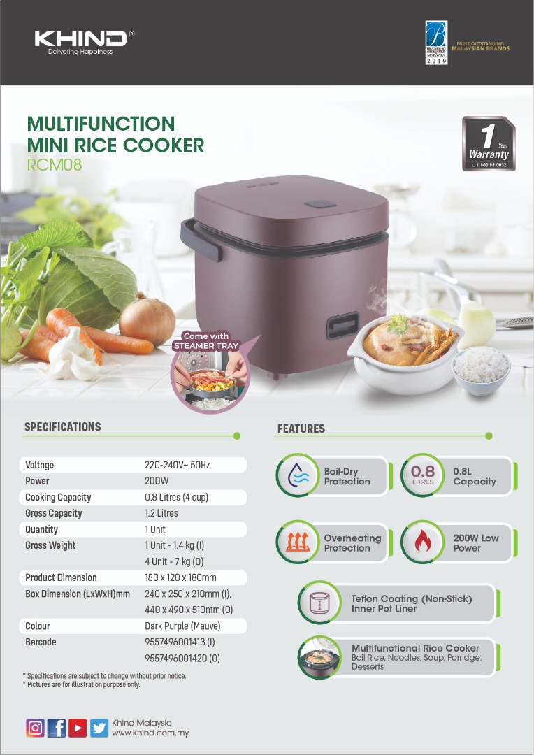Khind Multifunction Mini Rice Cooker RCM08 | Shopee Malaysia