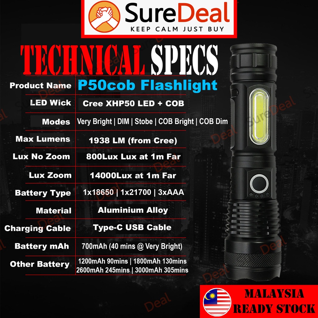 SUREDEAL P50 Rechargeable Flashlight XHP50 Cree LED Super Bright Zoom Water Resistant 1938 LM ...