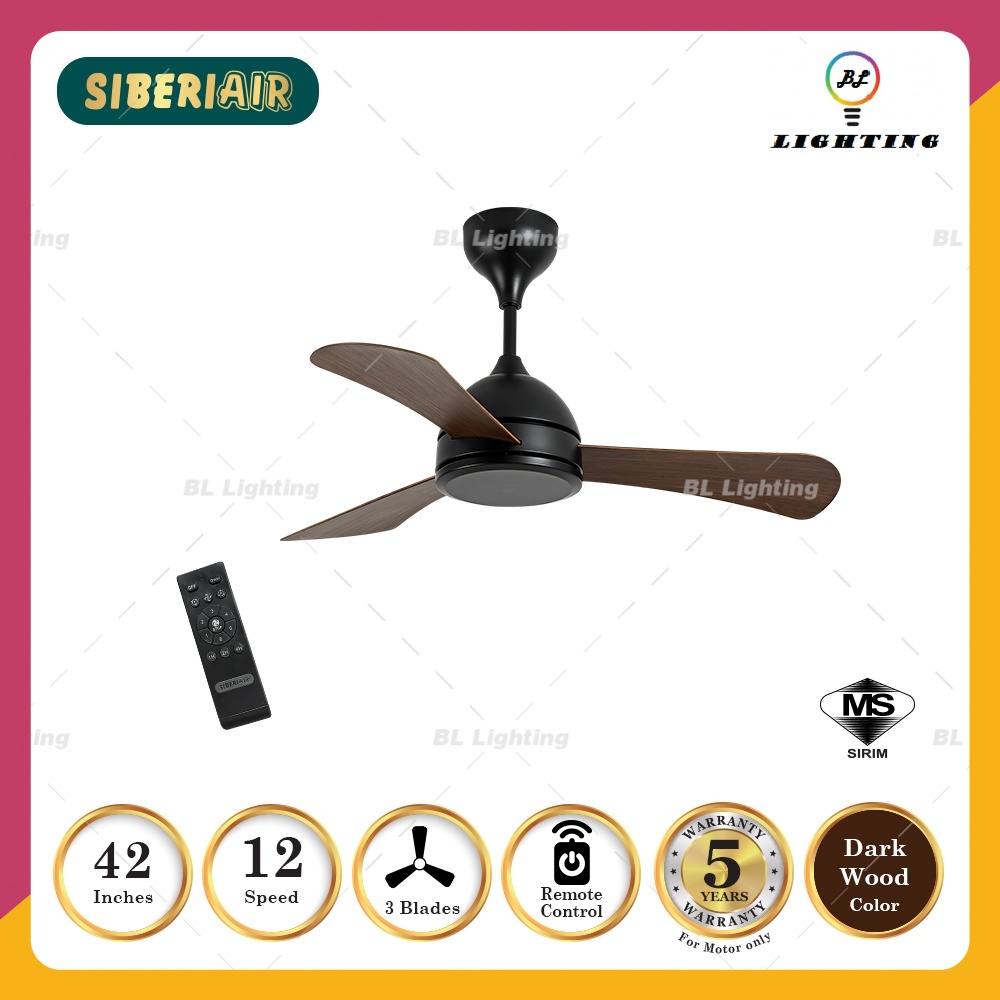 SIBERIAIR SI17 42" DC MOTOR CEILING FAN LED DARK WOOD / MATTE BLACK ...