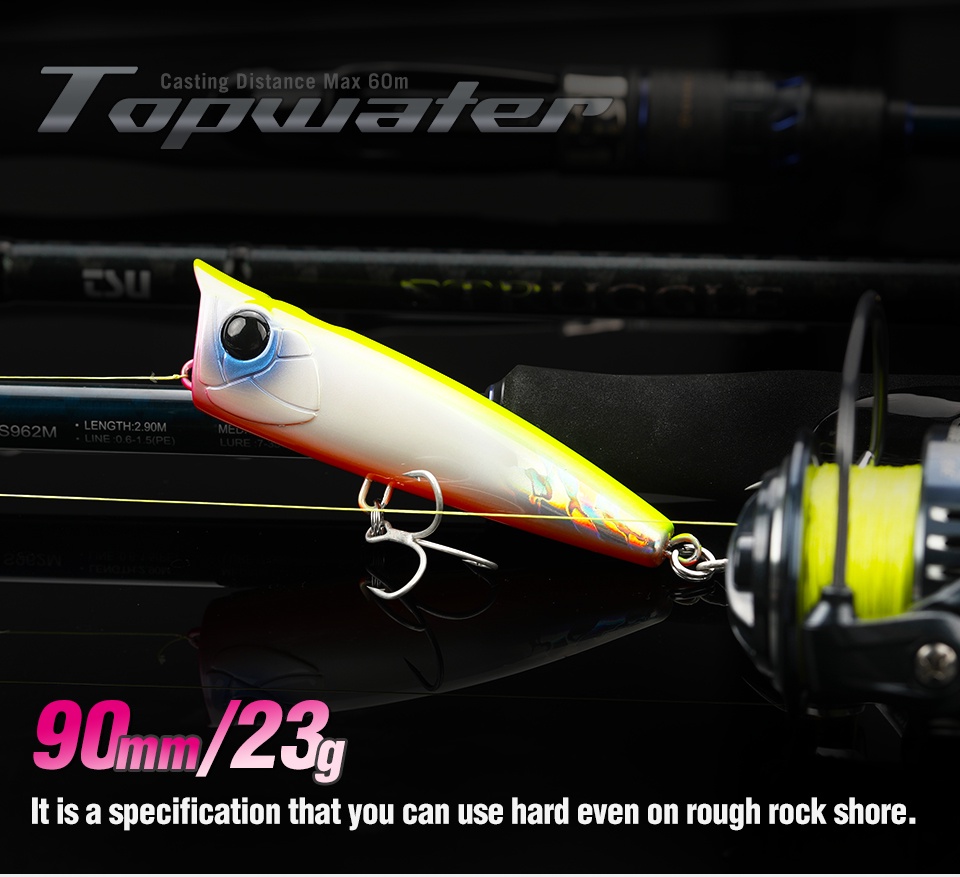 TSURINOYA 90F Topwater Popper Fishing Lure 90mm 23g DASHER Floating Artificial Hard Bait For ...