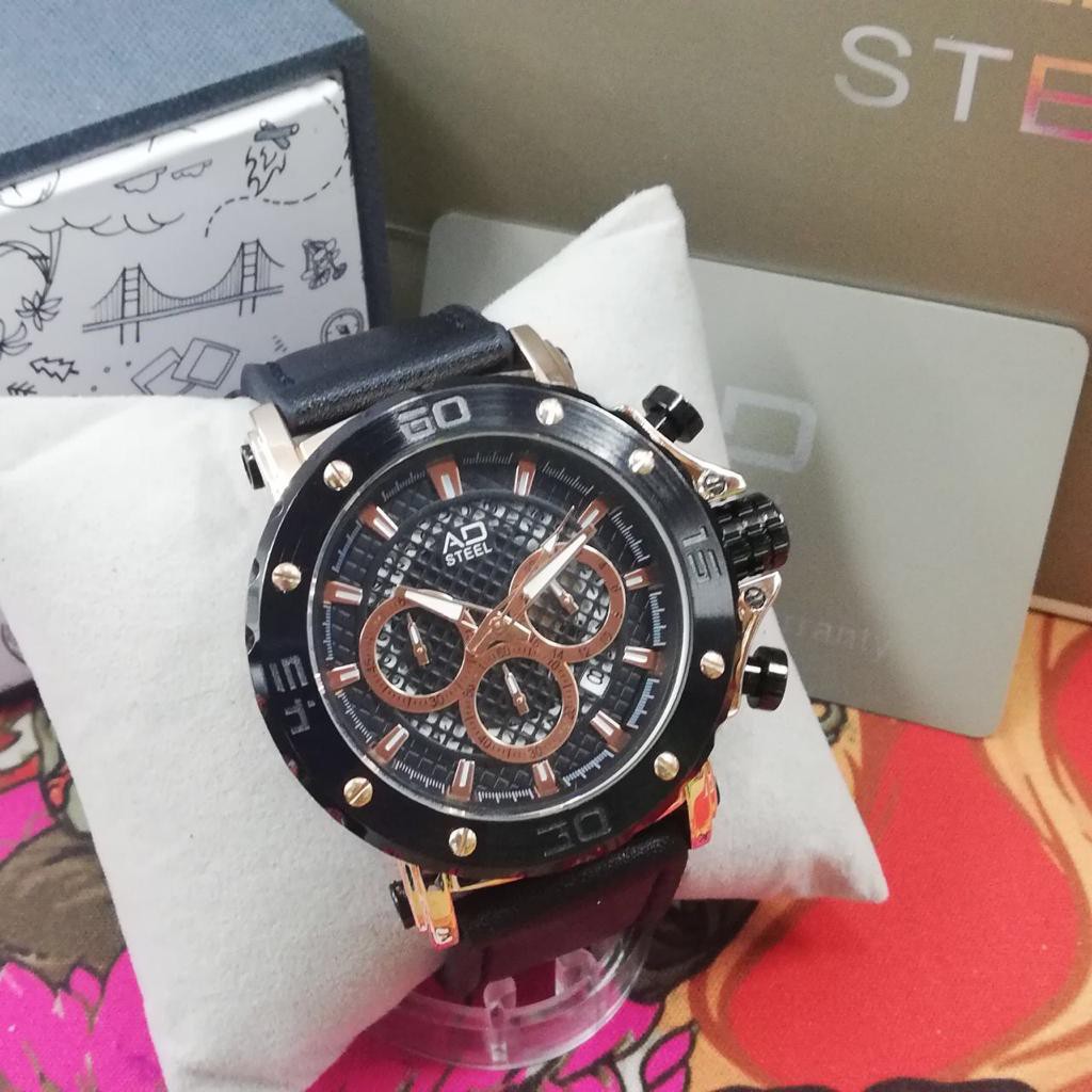 [READY STOCK] AD STEEL MEN WATCH 04 *BLACK/ROSE GOLD WITH BLACK LEATHER ...