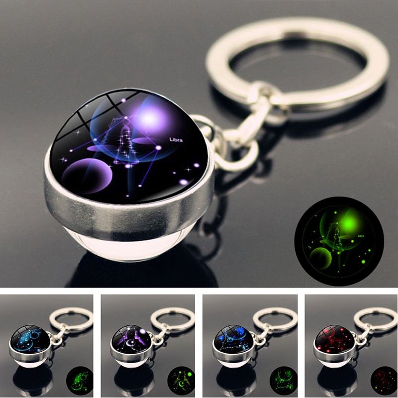 12 Constellation Luminous Keychain Zodiac Signs Glass Ball Pendant Key ...