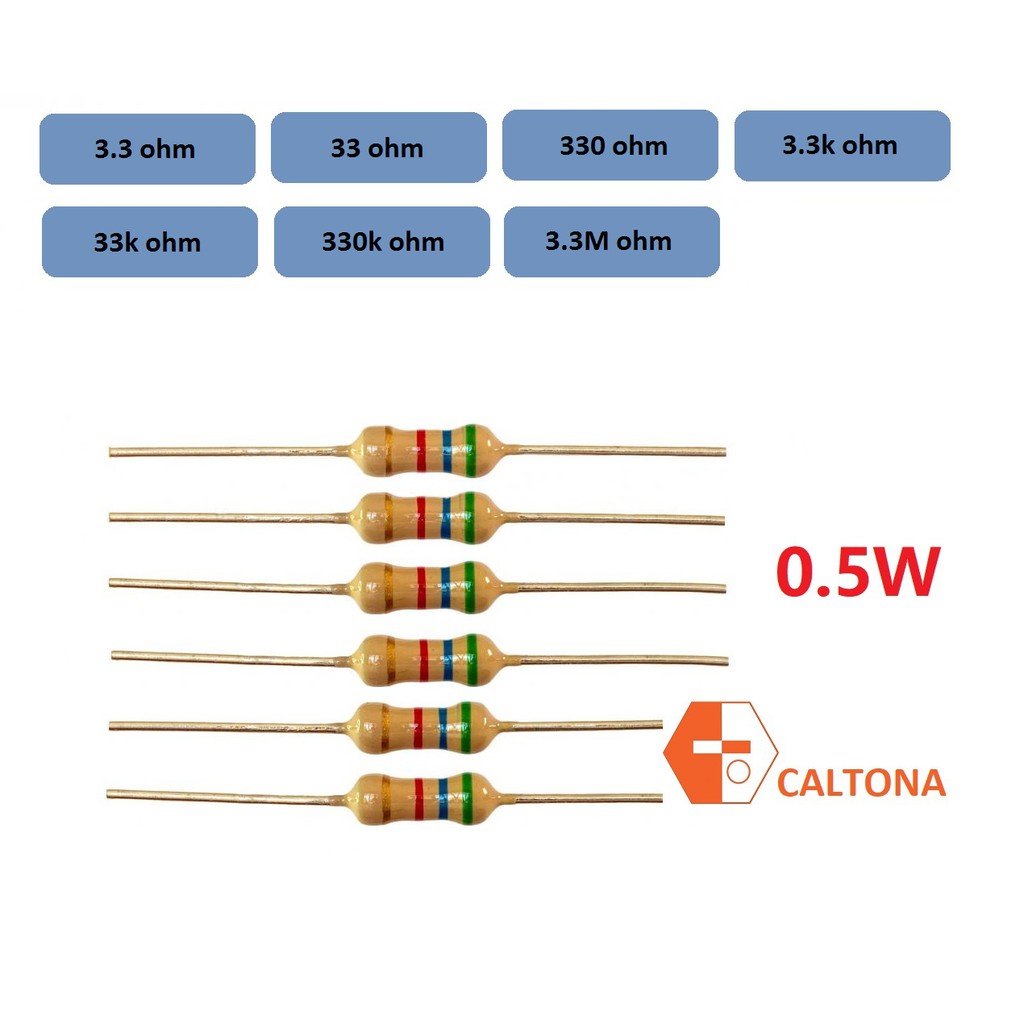 10pcs/pk Resistor 1/2W 0.5W 3.3ohm, 33ohm, 330ohm, 3.3k ohm, 33k ohm, 330k ohm, 3.3M ohm 5% ...