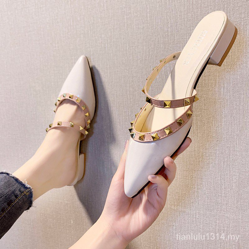 Sandal Women Shoes Baotou half slippers wear white summer sandals rivet ...