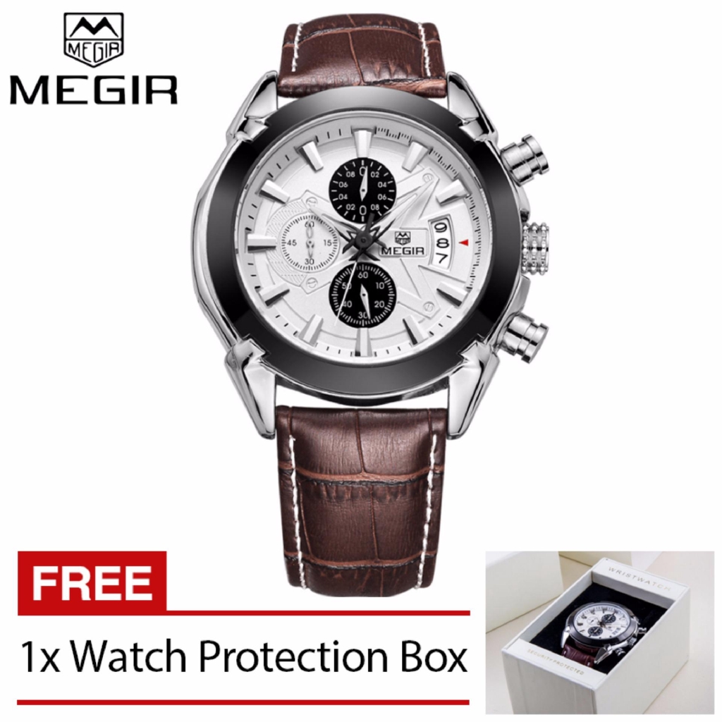 (White) with Genuine Leather Band MEGIR 2020G Lux Chronograph Quartz Men's Watc | Shopee Malaysia