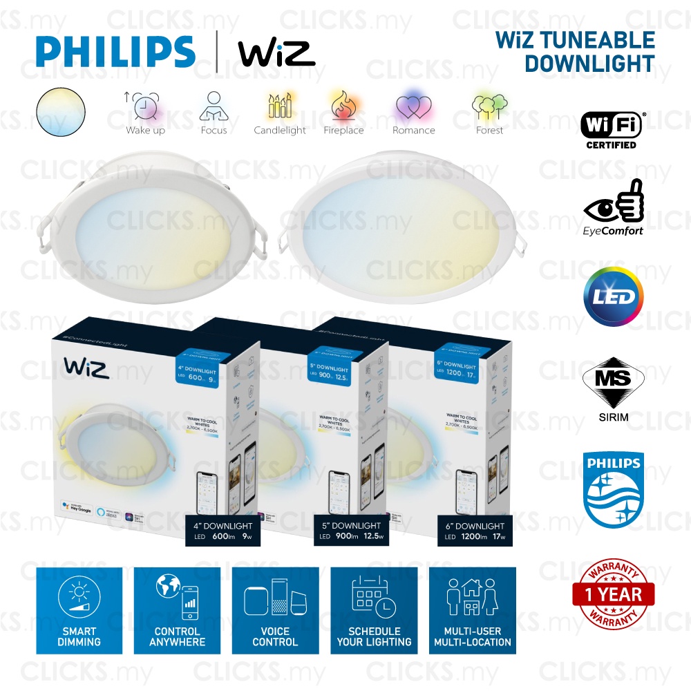 Philips WiZ 9W / 12.5W / 17W LED Tunable White Downlight 2700-6500K ...