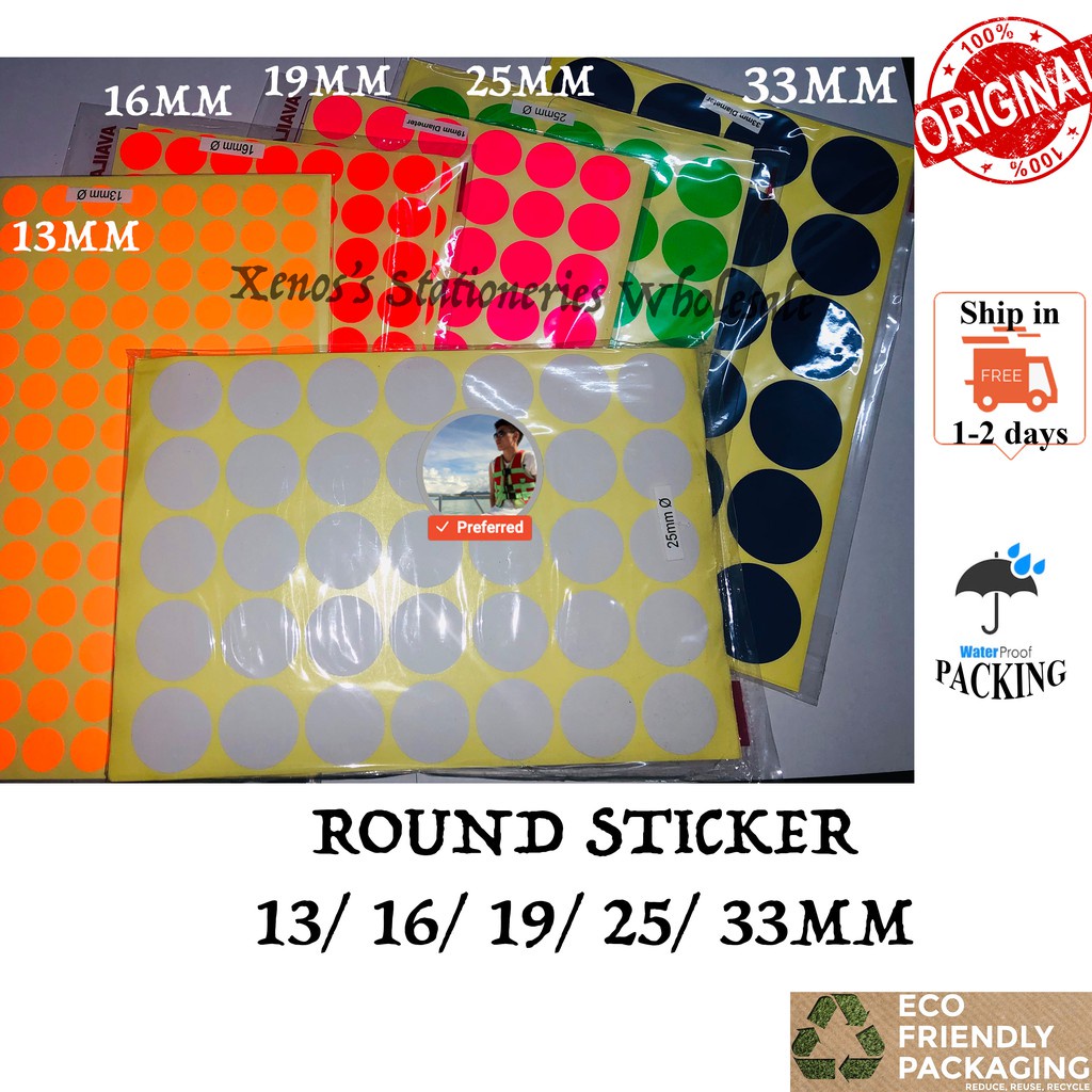 ROUND STICKER FLUORESCENT COLOUR 13mm / 16mm / 19mm / 25mm / 33mm ...