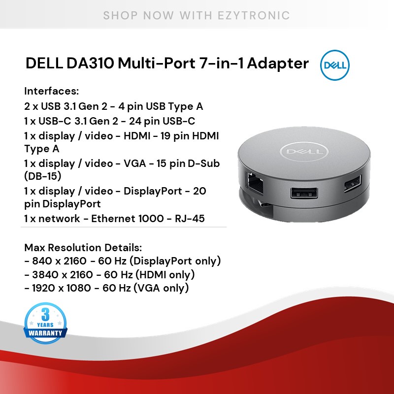 DELL DA310 7-in-1 USB-C Multiport Adapter 4K DISPLAY PORT GIGABIT ...