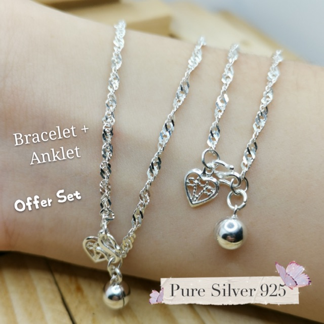 🔥Hot Sale🔥Pure Silver 925 (1 Set)Silver Bracelet +Silver Anklet(Gelang ...