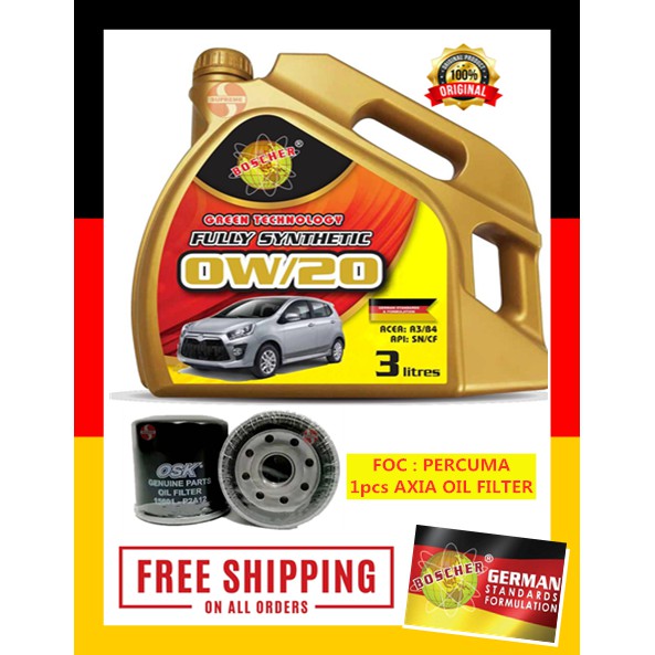 S2U Boscher Engine Oil Fully Synthetic 10000KM 0W20 SN/CF 3Liters Perodua Axia Bezza 1.0 Minyak ...