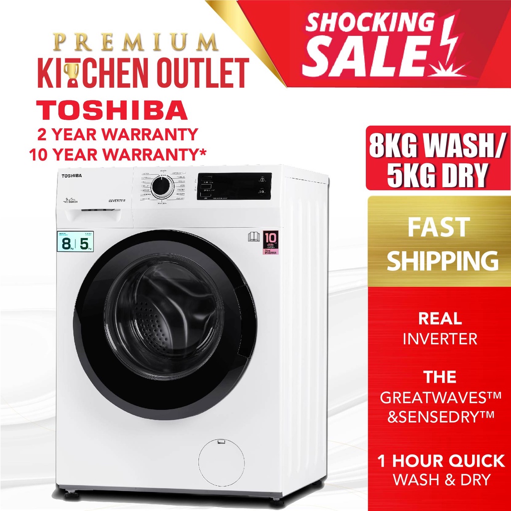 Toshiba (8kg/5kg) Real Inverter Front Load 2 In 1 Washer Dryer TWD-BK90S2M | Combo Washer Dryer ...