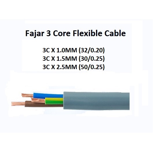 Fajar 1.0MM / 1.5MM / 2.5MM 3 Core Flexible Cable Core 100% Pure Copper [PER METER] | Shopee ...